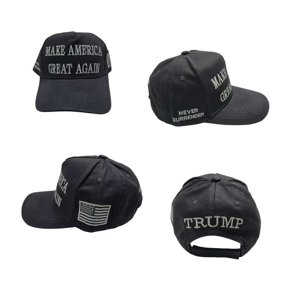 Dark MAGA Trump USA Flag Never Surrender Baseball Cap Hat GRAY TEXT ...